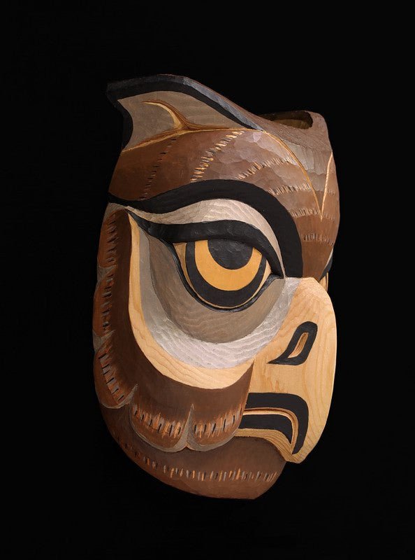 Owl Mask Red Cedar art piece by Greg Henderson of Kwakwaka'wakw
