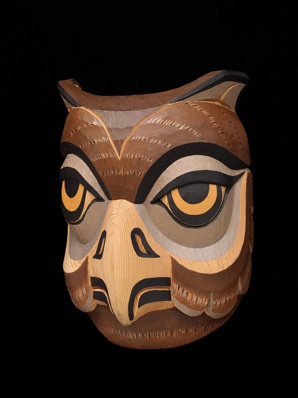 Owl Mask Red Cedar art piece by Greg Henderson of Kwakwaka'wakw